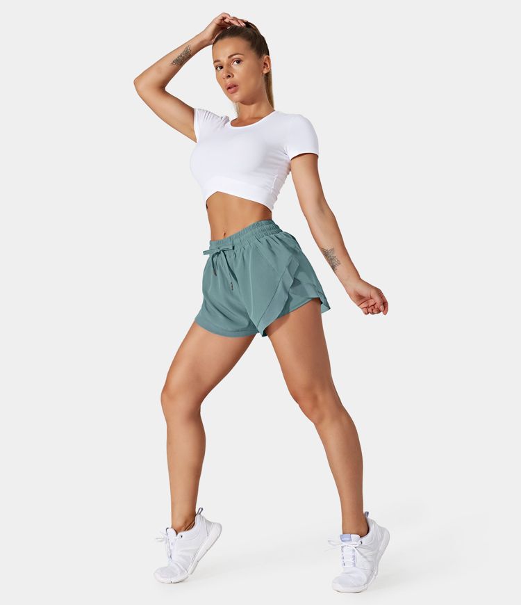 Women's Drawstring Contrast Flowy Mesh 2-in-1 Shorts - HALARA