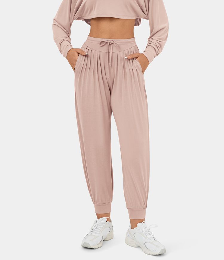 Women's Mid Rise Drawstring Ruched Side Pocket Casual Joggers - HALARA
