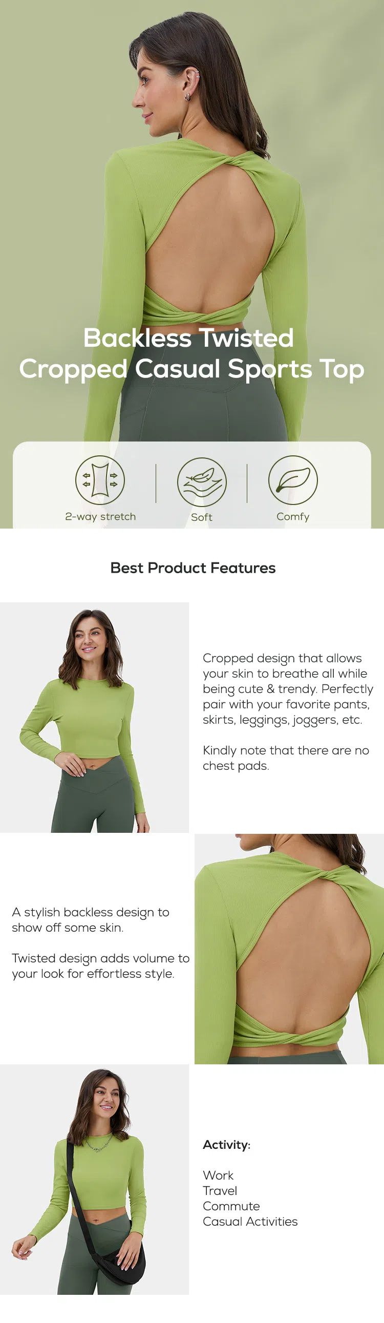 Women’s Backless Twisted Cropped Casual Sports Top - HALARA