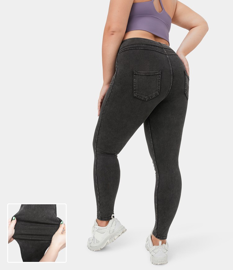 Women's High Waisted Back Side Pocket Stretchy Knit Denim Plus Size Casual Leggings - HALARA