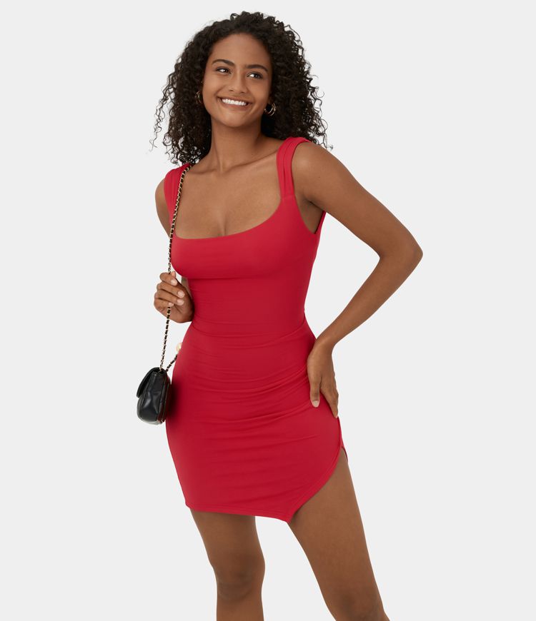 Women's U Neck Ruched Backless Lace Up Split Hem Bodycon Mini Casual ...