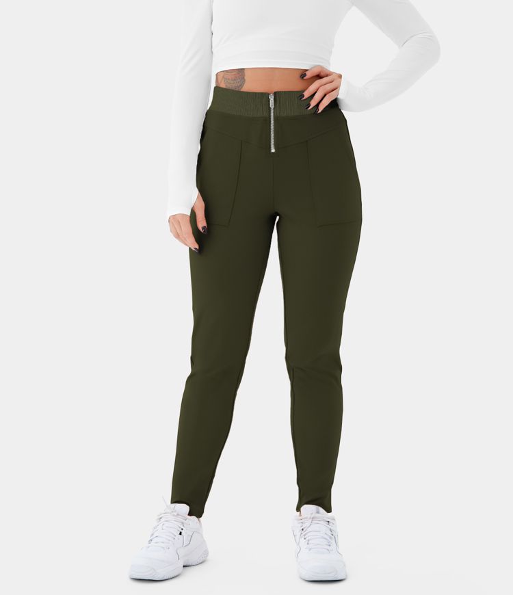 Women's High Waisted Zipper Side Pocket Plain Pants - HALARA