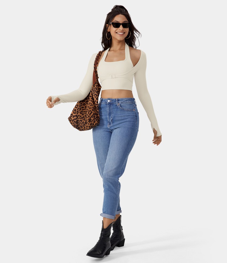 Womens Cloudful™ Halter Thumb Hole Long Sleeve Cropped 2 In 1 Sports